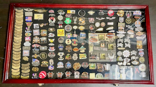 Harley Davidson Leather Jacket & Wood Display Case w/ Collector Pins S ...
